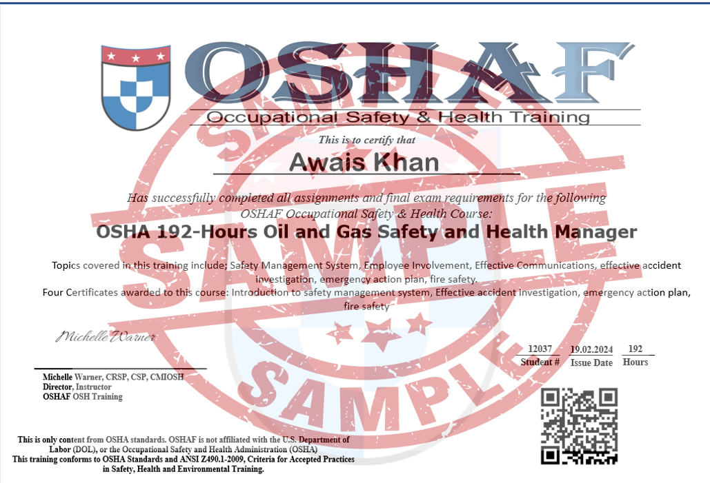 OSHA 192 Hours Oil and Gas Safety and Health Manger