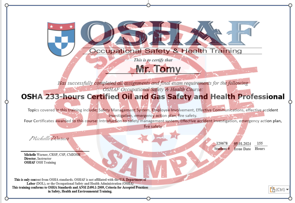 OSHA 233 Hours Certified Oil and Gas Safety Professional